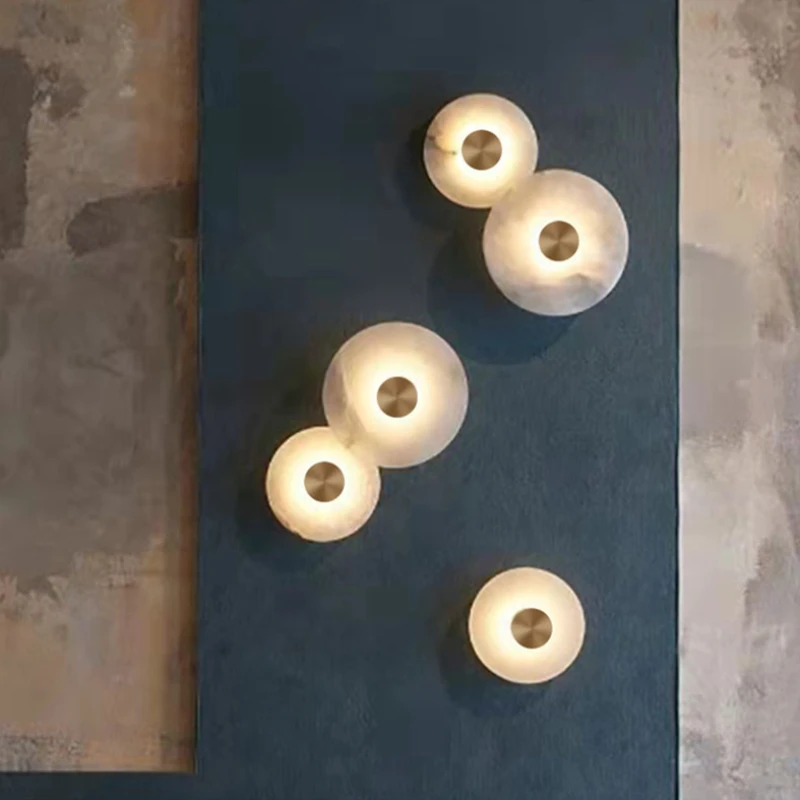 Natural Stone LED Wall Lamp Gold Copper Round Marble Sconce Home Deco ...