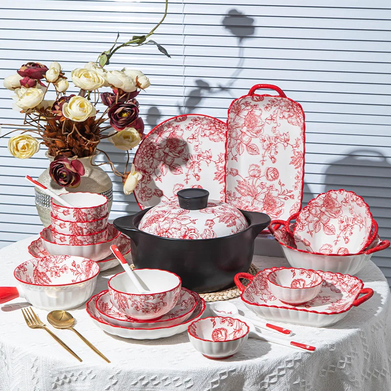 New-Chinese-Ceramic-Tableware-Set-Red-Rose-Bowls-and-Plates-Dishes ...