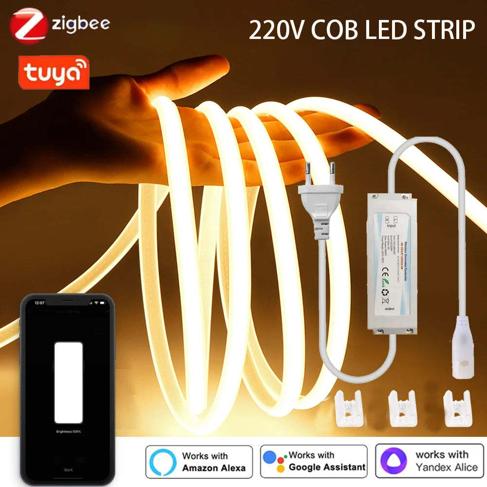 220V Tuya Zigbee 3.0 COB Led Strip Light Super Bright Waterproof ...