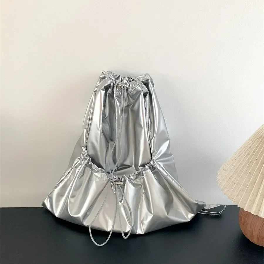Silver-Big-Travel-Drawstring-Back-Pack-Leather-Korean-Fashion-Women ...