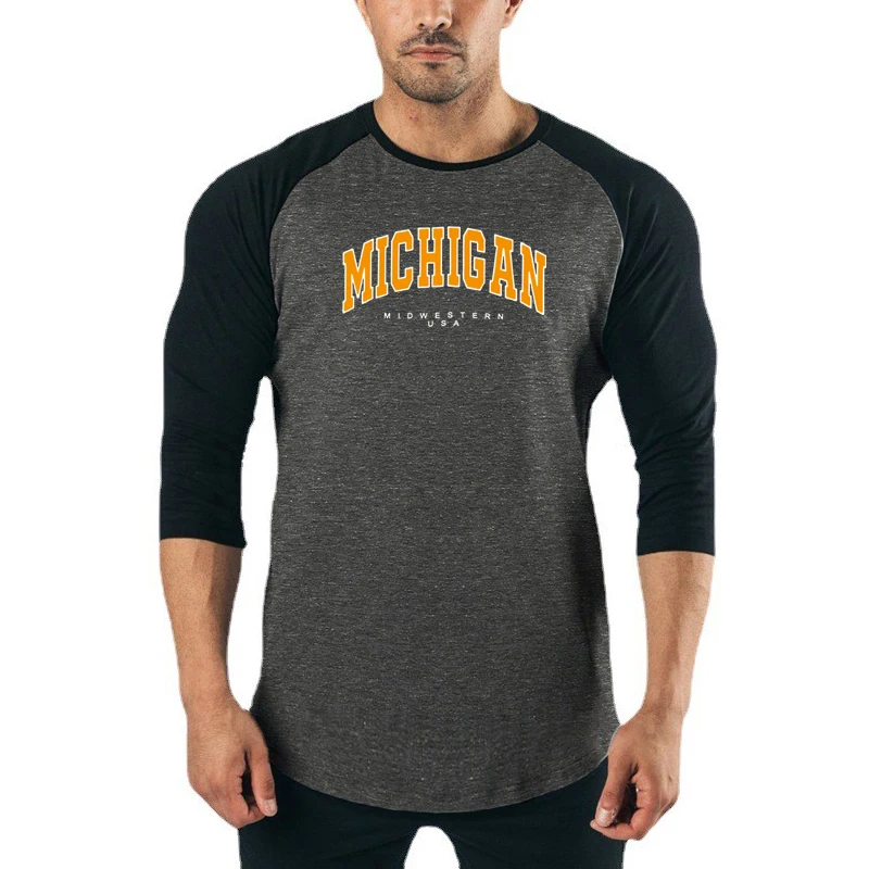 Michigan-Midwestern-USA-Three-Quarter-Sleeve-Shirt-Mens-Training-Cotton ...