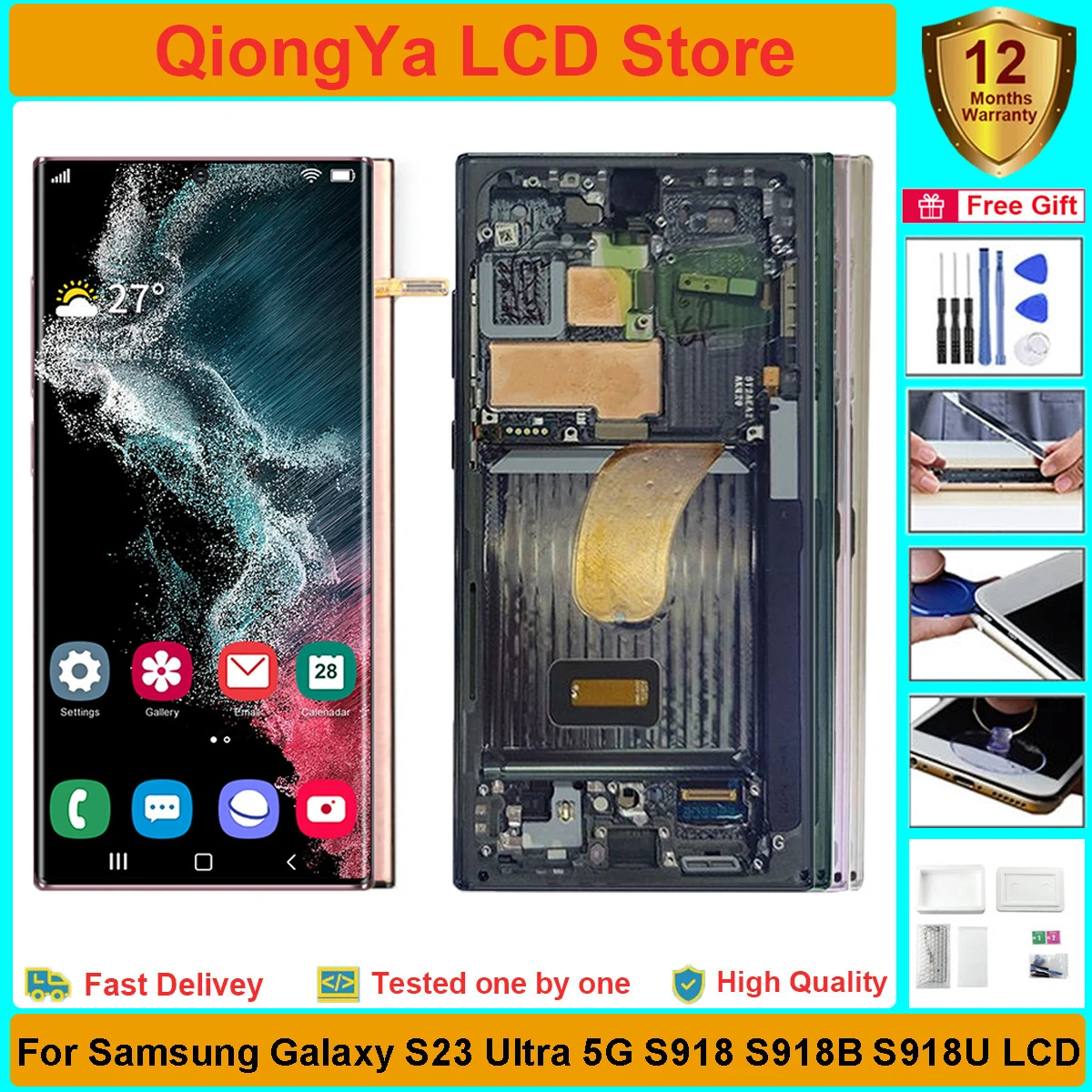LCD 터치 스크린 디지타이저 어셈블리, 삼성 갤럭시 S23 울트라 5G S918 SM S918B S918U S918N 용 100% 오리지널 s23u 디스플레이, 6.8 ...