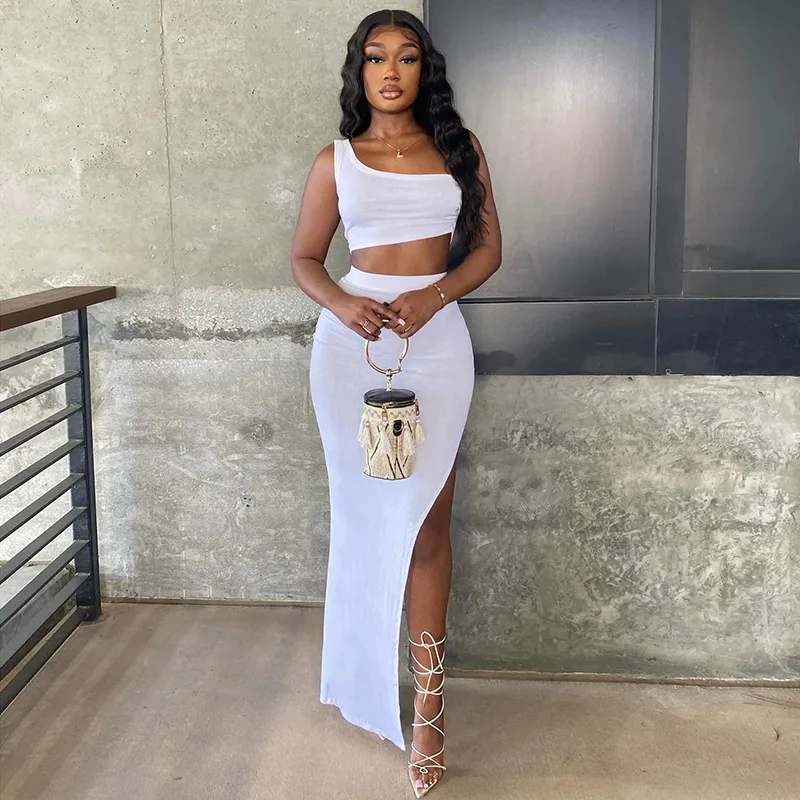 Women Two Piece Set Crop Top Long Sleeve One Shoulder Elegant Split ...