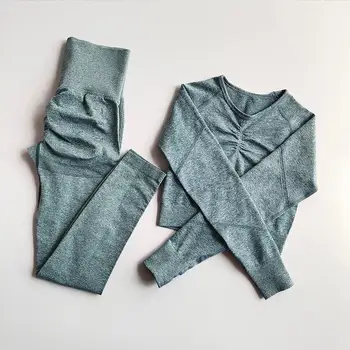 2pcs Women Seamless Yoga Set Sport Suit Gymwear Workout Clothes Long Sleeve Gym Crop Top High ...