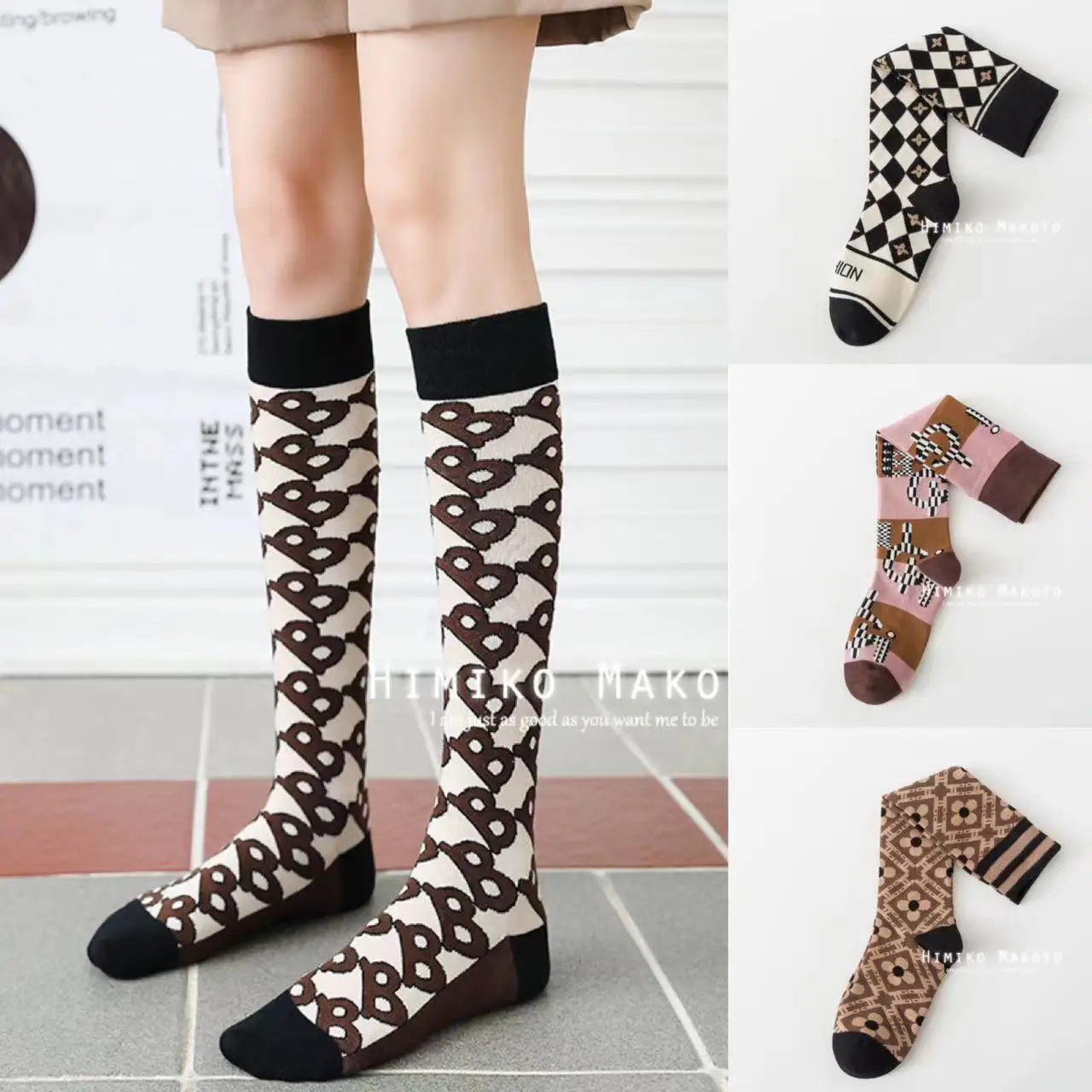 Ins Pure Cotton Alphabet Rhombus Over The Knee Socks Korean Version Of ...