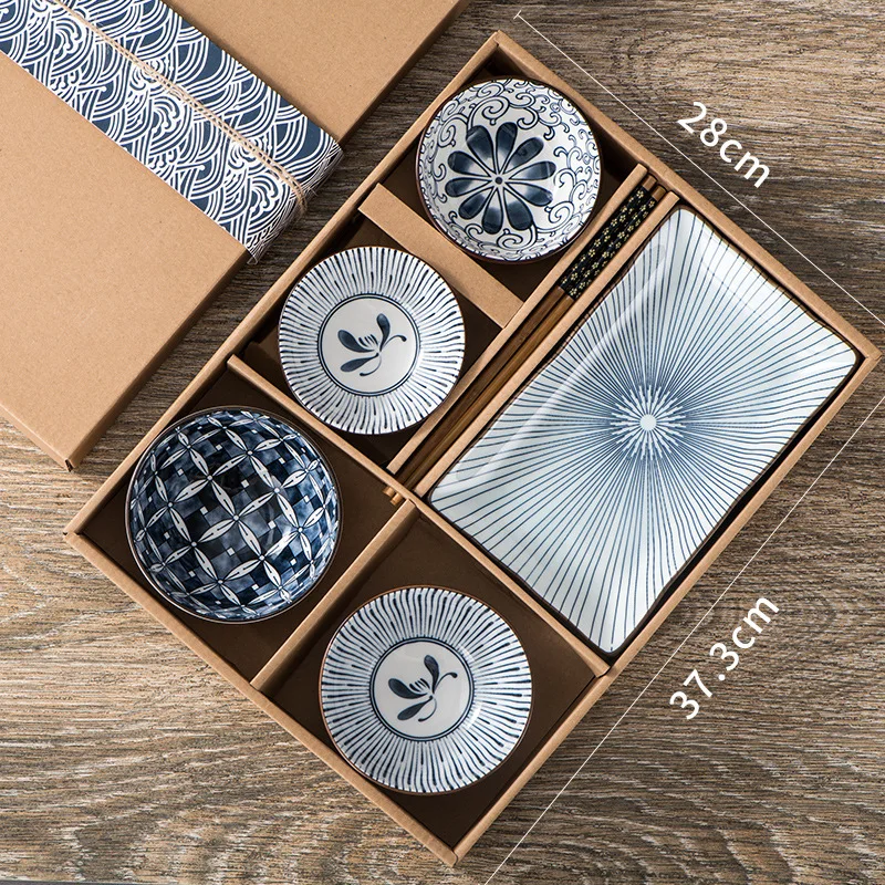 Blue-White-Porcelain-Bowl-set-Japanese-tableware-gift-box-Creative ...