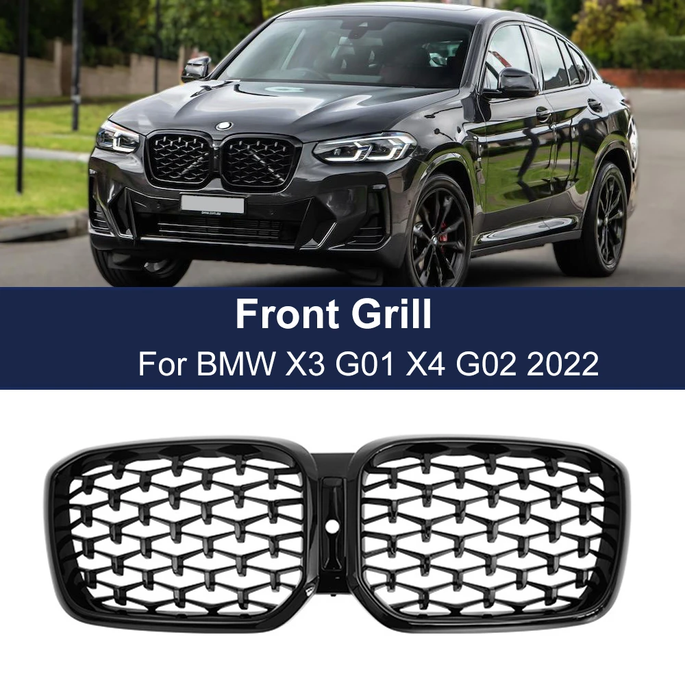 2 Pcs Car Front Bumper Diamond Kidney Grill Meteor Style For Bmw X3 X4 G01 G02 2022+ Abs Chrome ...