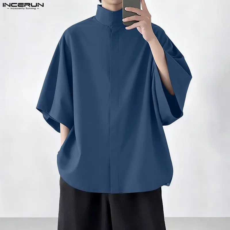 INCERUN Men Shirt Solid Stand Collar Short Sleeve Men Clothing Loose ...