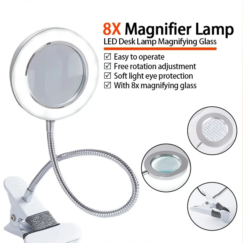 8X Magnifier Lamp LED Desk Lamp Magnifying Glass With Clamp USB Cold ...