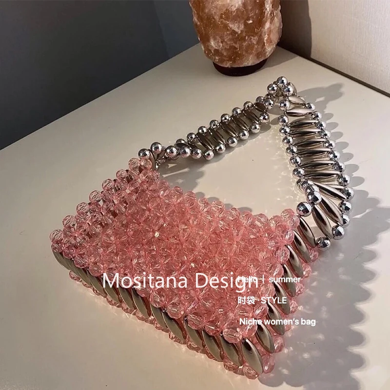 Customized-Crystal-Bag-Fashion-INS-Pink-Beaded-Weaving-Silver-Splice ...