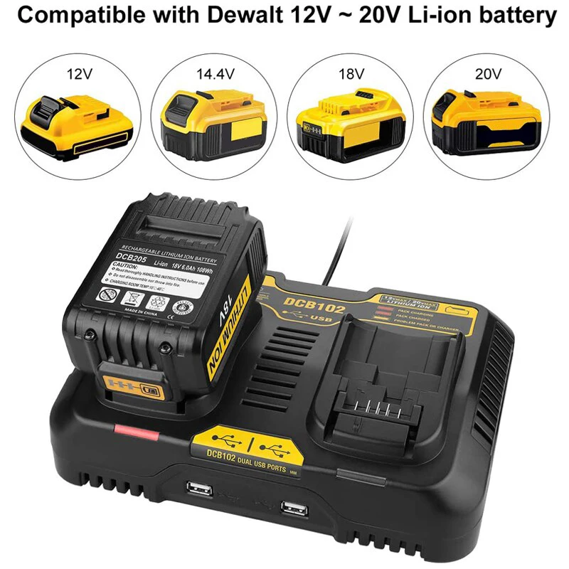 DCB102 리튬 이온 배터리 충전기, 듀얼 USB 포트 4A 고속 충전기 DCB200 DCB140, Dewalt 14 ...