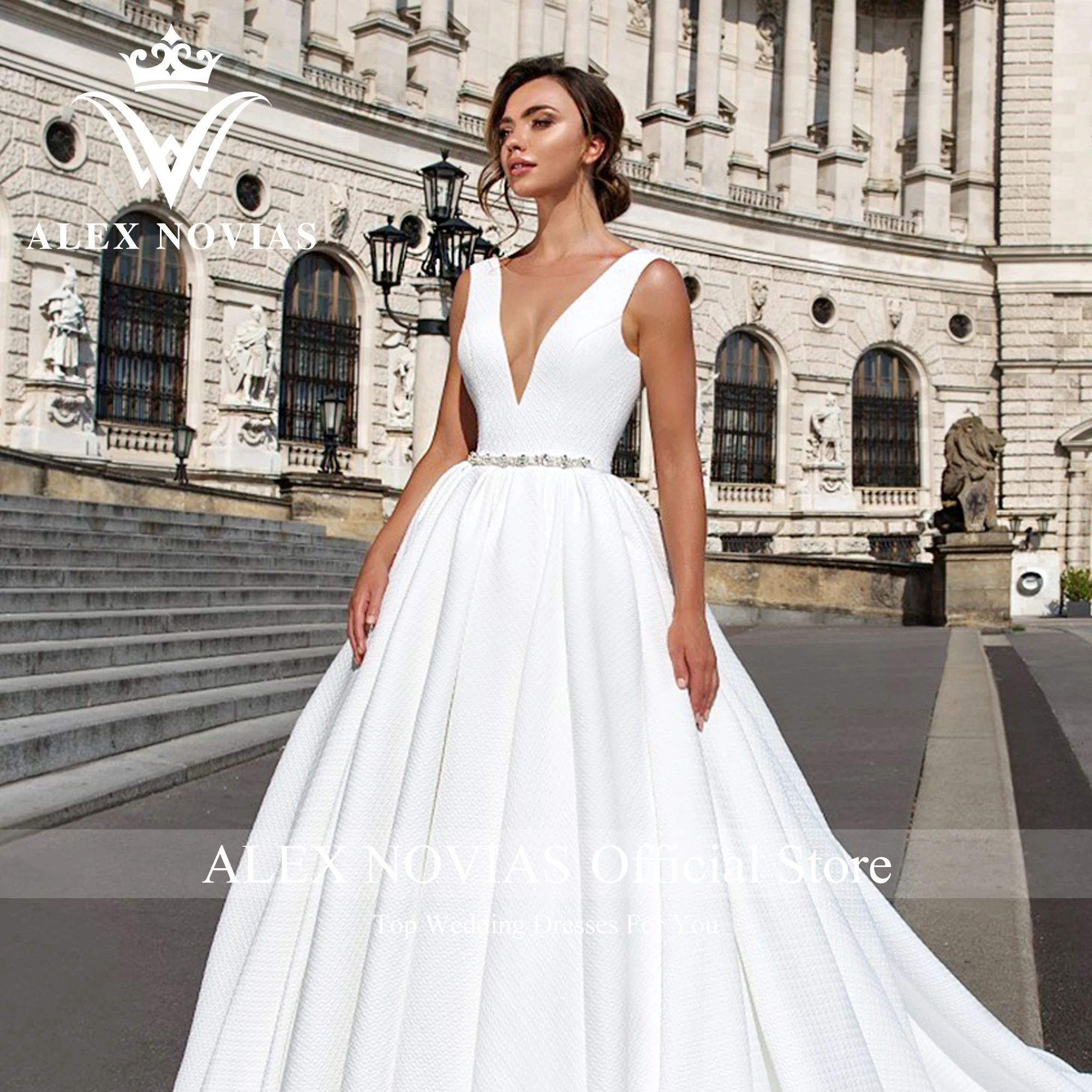 ALEX NOVIAS Elegant Wedding Dresses 2023 CRYSTAL Belt Classy Deep V ...