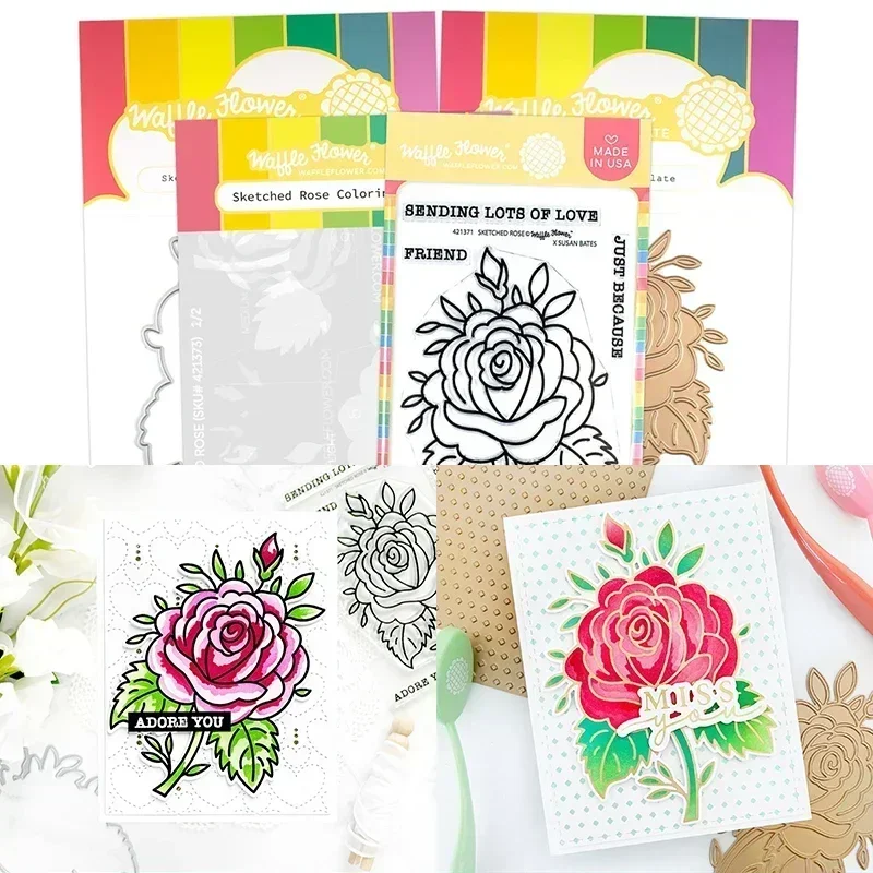 2023 New Sketched Rose Plant Flower Clear Stamps Metal Cutting Dies Hot ...