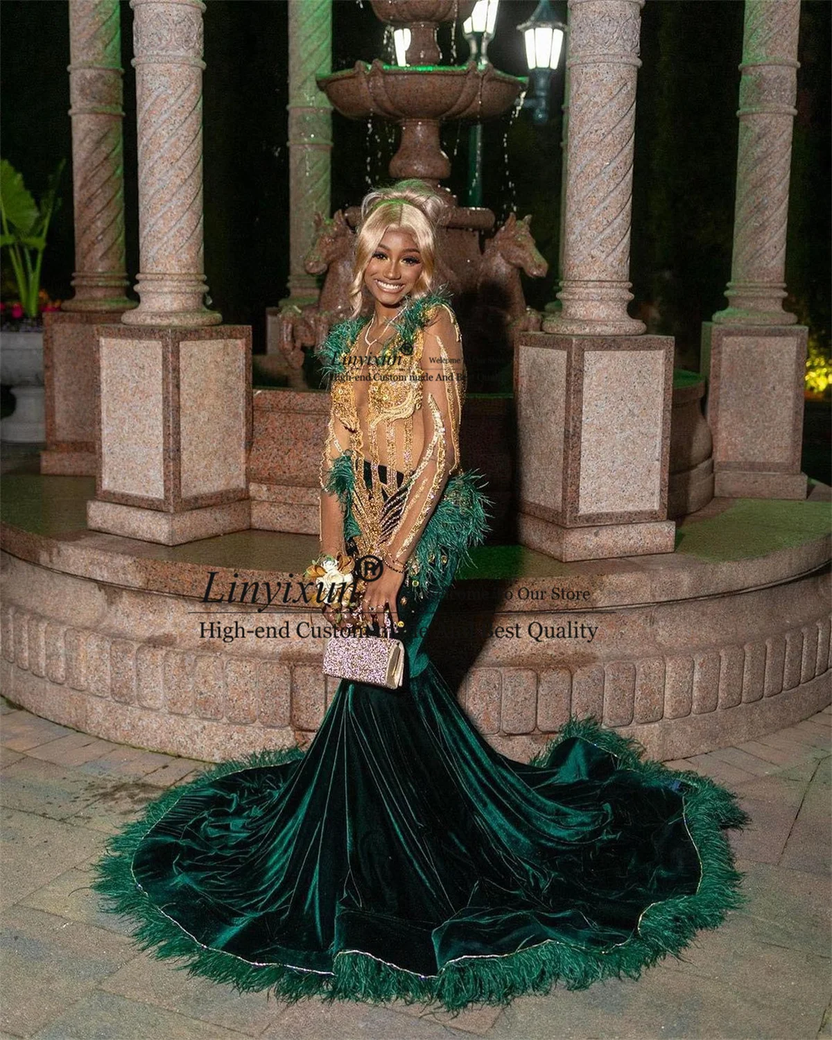 Luxury Beaded Crystals Mermaid Prom Dress Long Green Velvet Evening ...