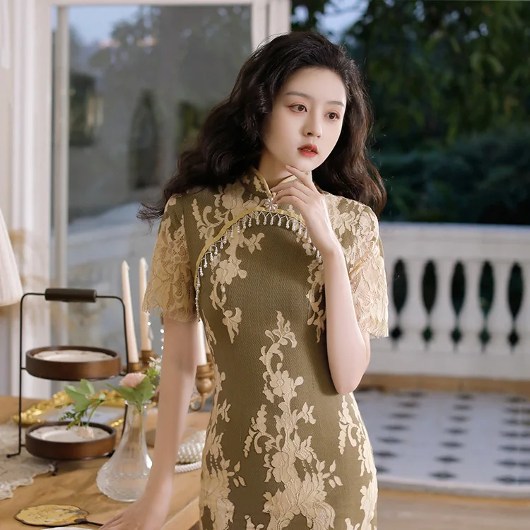 Full-Slip-Lace-Chinese-Style-Qipao-Dresses-Side-Split-Cheongsam-Retro ...