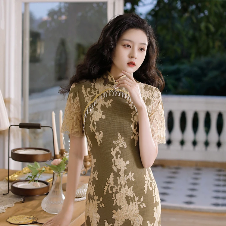 Full Slip Lace Chinese Style Qipao Dresses Side Split Cheongsam Retro ...