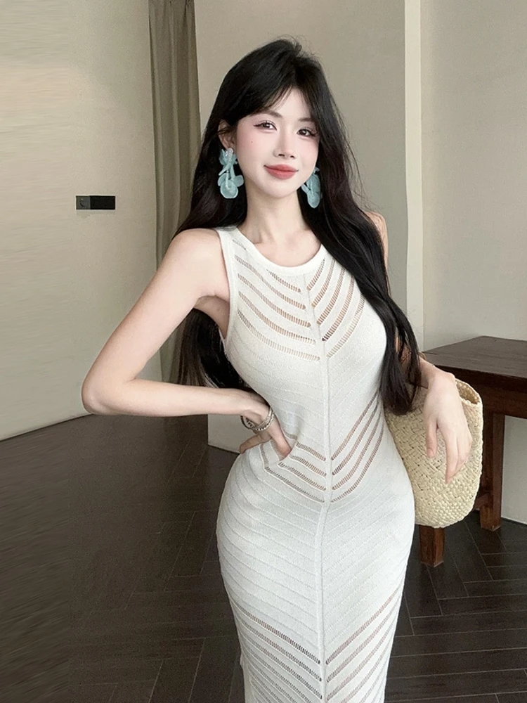 Pure Desirable Sexy Hollow out round Ne Svel Knitted Vest Dr Long ...
