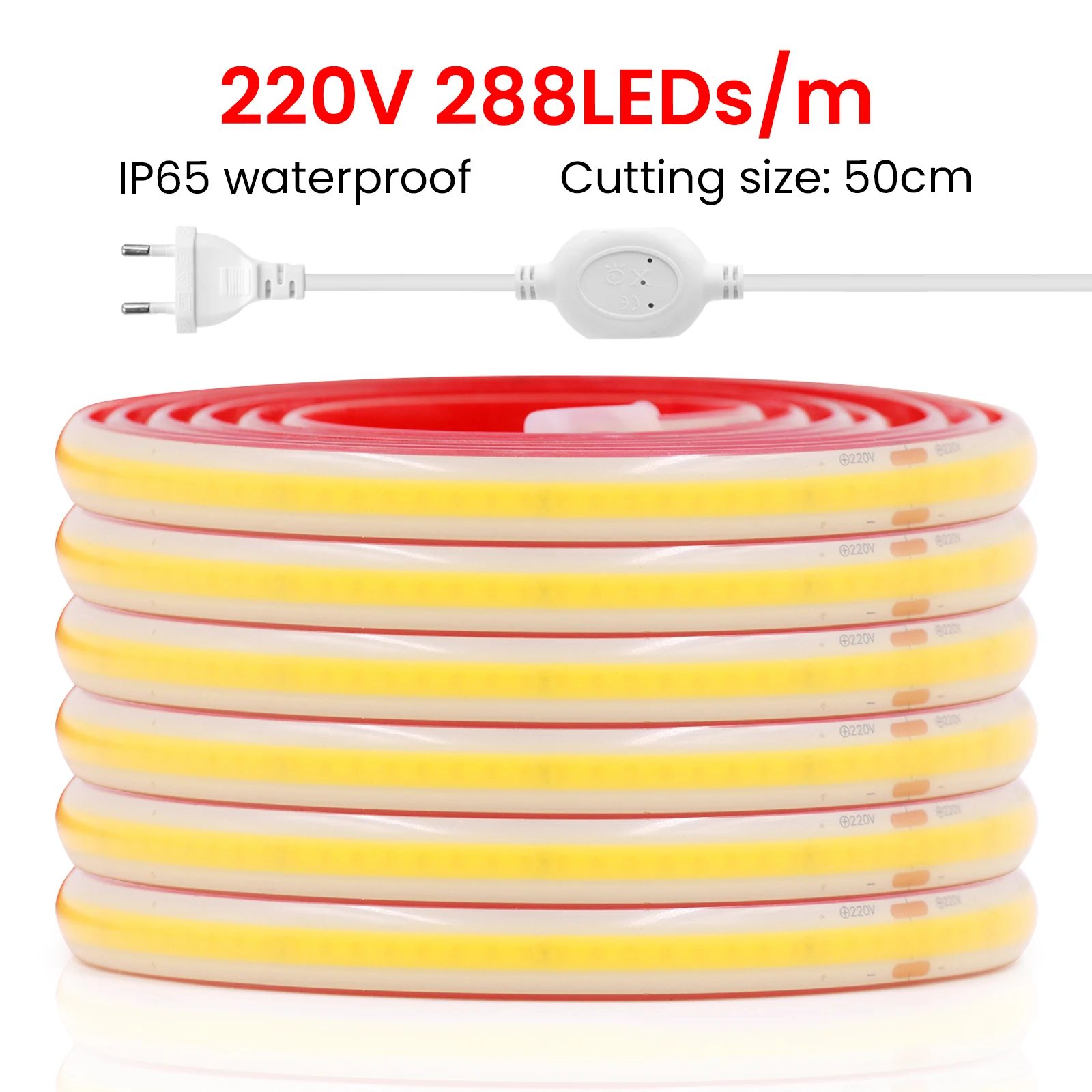 220V-COB-LED-Strip-Light-With-Switch-EU-Plug-288LEDs-m-Waterproof-IP67 ...