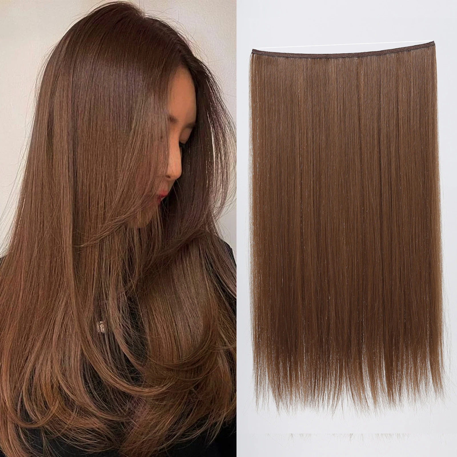 Synthetic Long Straight No Clip in Hair Extensions Brown Artificial ...