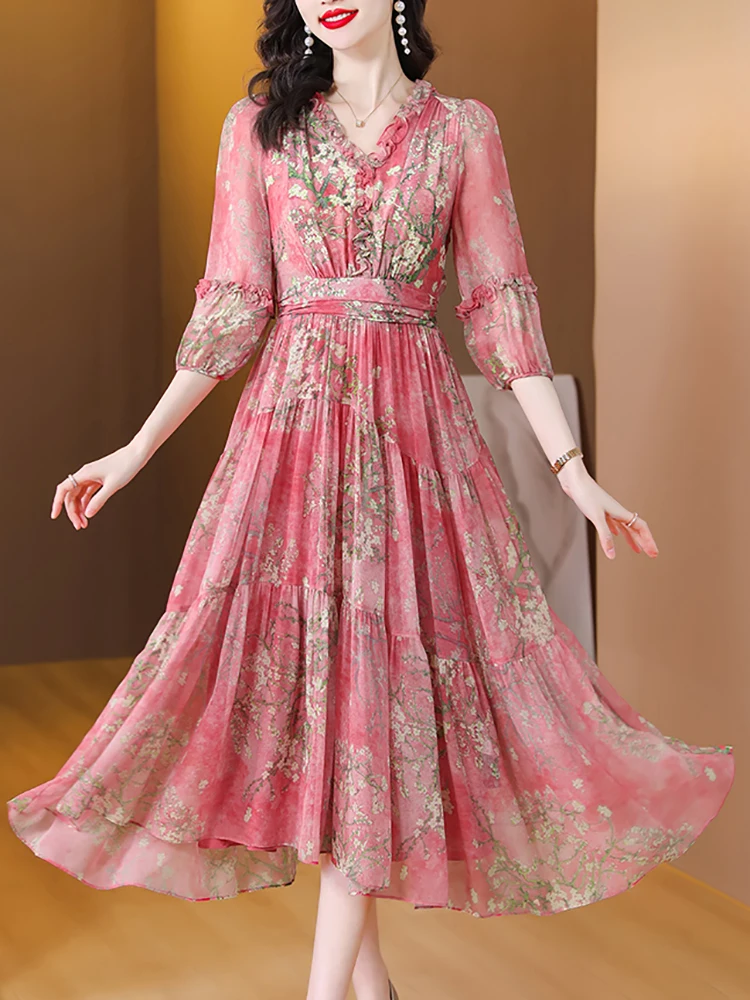 Spring-Summer-Pink-Floral-Silk-Long-Dress-Women-Fashion-Casual-Holiday ...