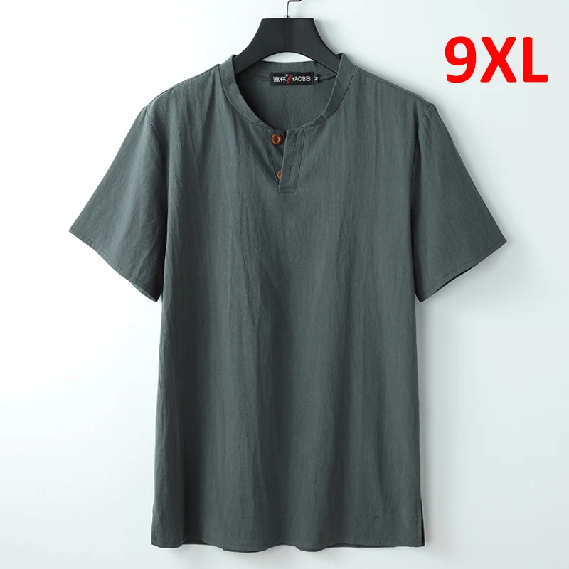 9XL Linen T-shirt Men Summer Solid Color Tshirt Fashion Casual Linen Tees Tops Male Henley ...