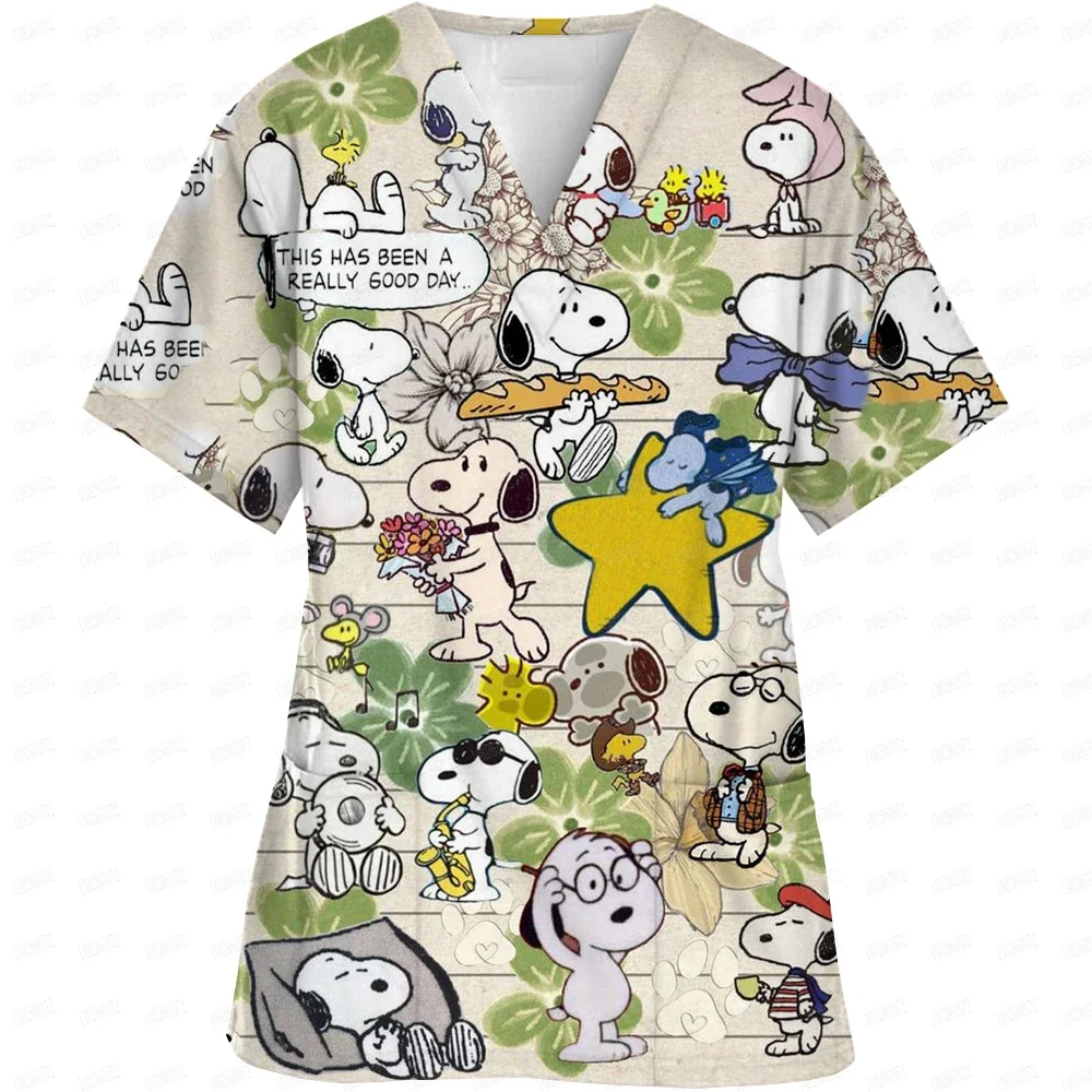 New-2024-Women-Short-Sleeve-Tops-With-Pocket-Working-Uniform-Snoopy ...