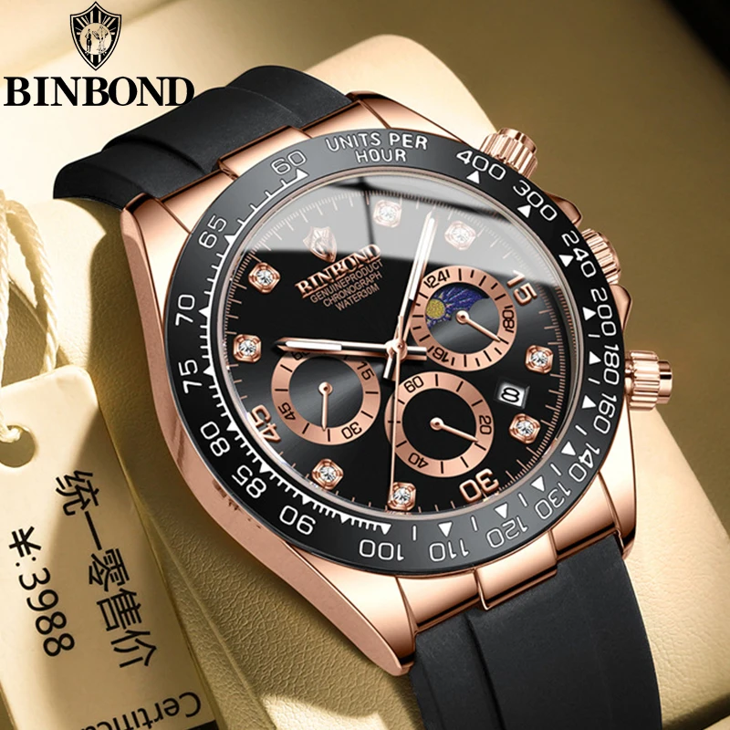 BINBONG-Quartz-Watch-for-Men-Silicone-Strap-Moon-Phase-Date-Chronograph ...