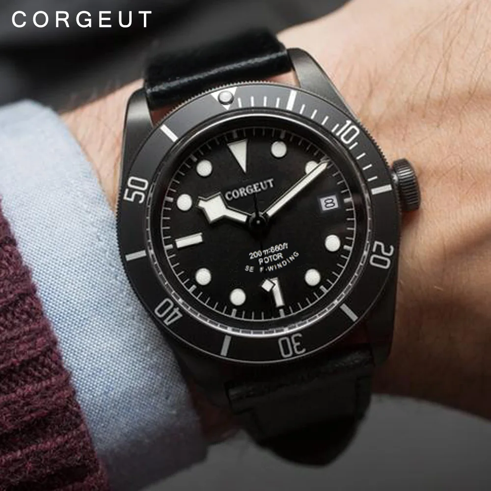 Corgeut Black Dial Automatic Watch Leather Strap Fashionable Tough Guy ...