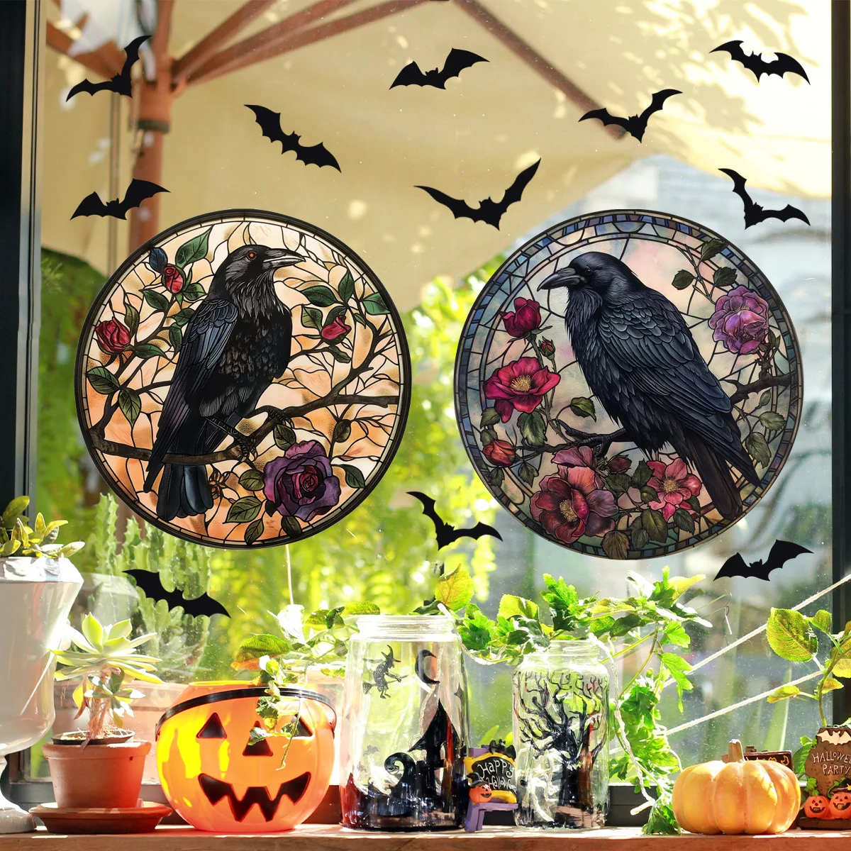 2PCS-Raven-Round-Floral-Bat-Window-Stickers-for-Kids-Room-Bedroom ...