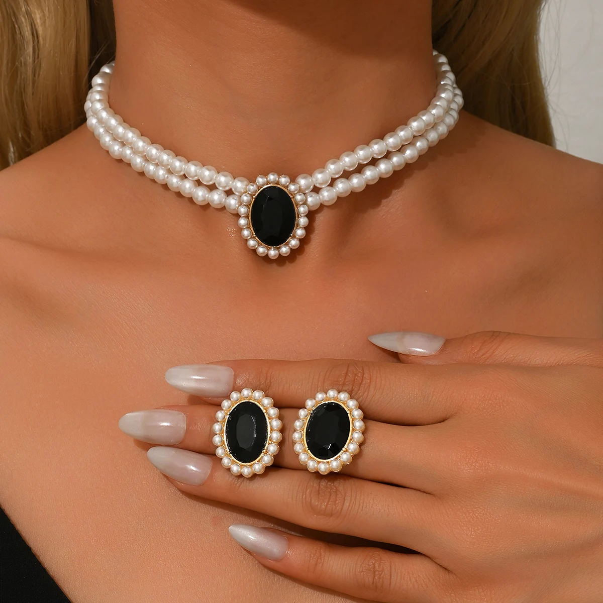 Conjunto de joyería con pendientes y collar de perlas de imitación para ...