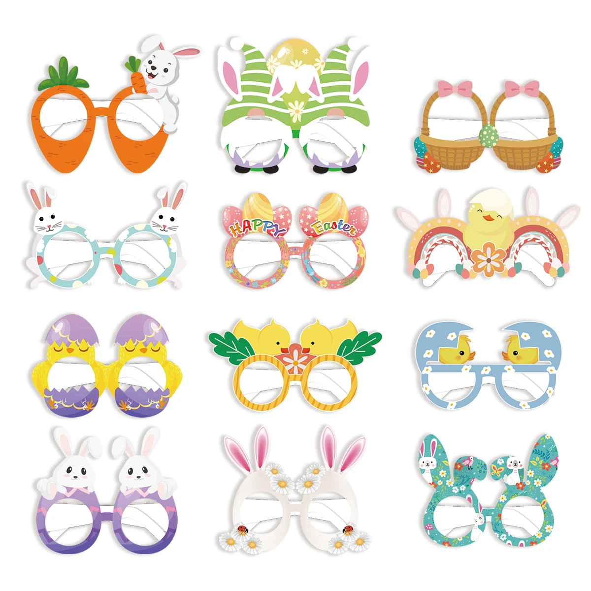 12pcs Easter Party Fun Glasses Frame Bunny Ears Chick Egg Shape Paper ...