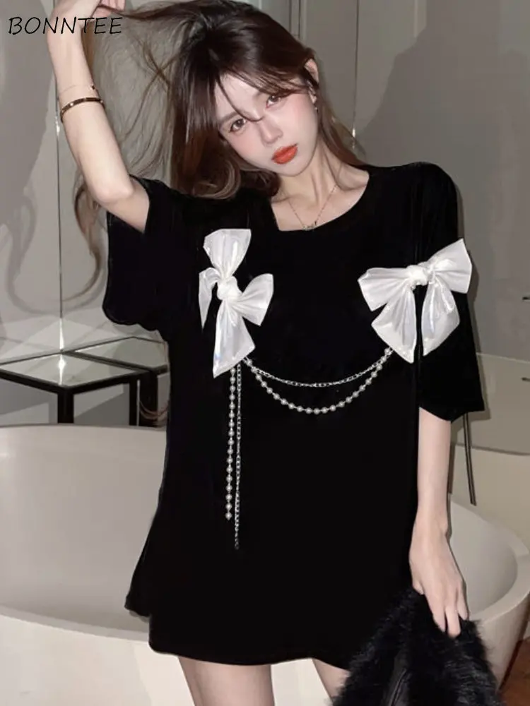 M 4XL T shirts for Women Bows Summer Black Sweet Creativity Streetwear Ulzzang All match Simple ...