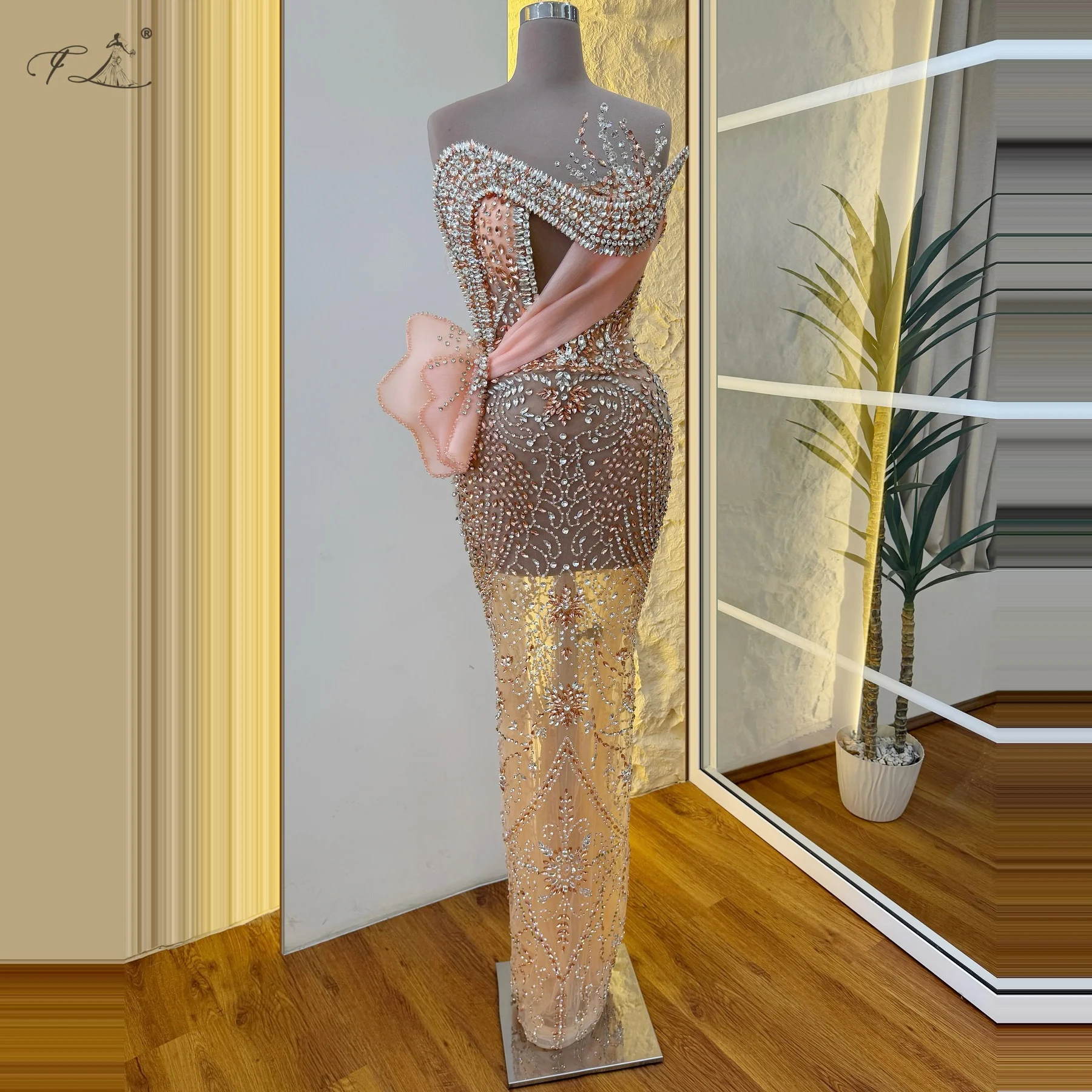Shrimp Pink Crystal Tulle Mermaid Dress Gorgeous Illusion Evening Dress ...