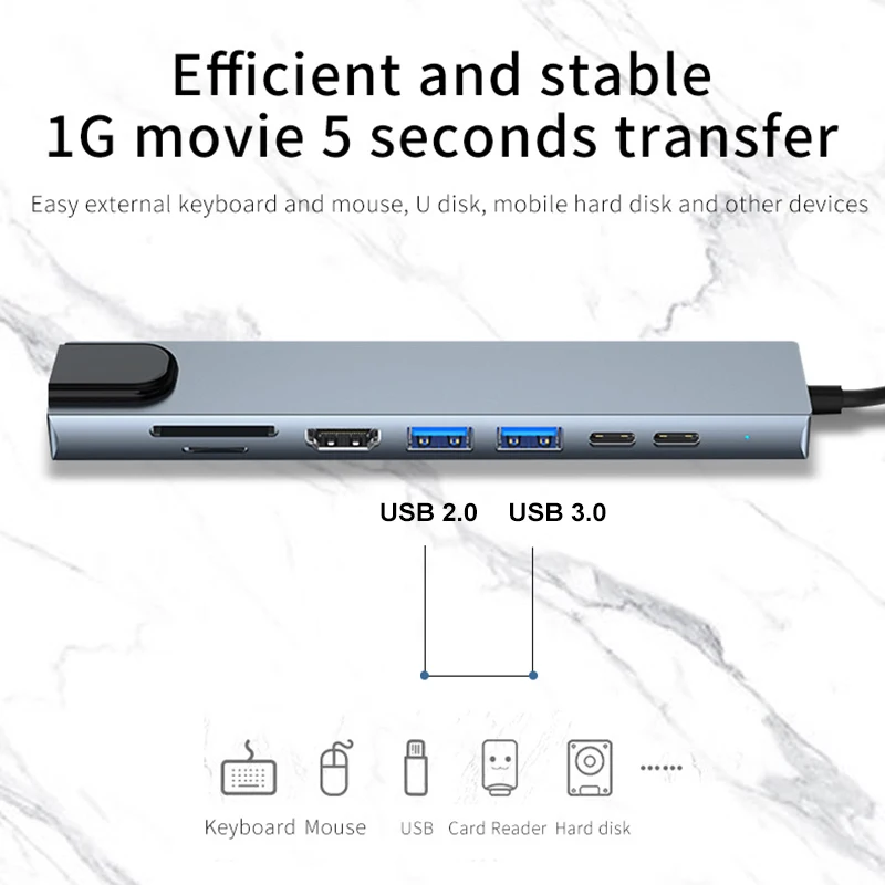 Concentrateur USB C 8 en 1 - Hub USB C 8 en 1 Type C 3.1 à 4K HDMI, adaptateur avec lecteur de ...