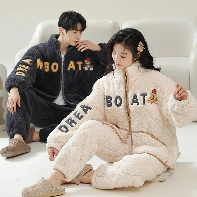 Newest-Couple-Pajamas-Set-3-Layer-Clip-Cotton-Sleepwear-Women-Men-Warm ...