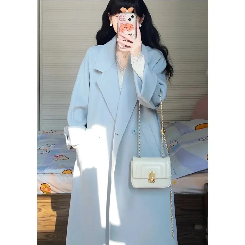 2023-Autumn-Winter-Women-Elegant-BLUE-Woolen-Long-Coats-Office-Lady ...