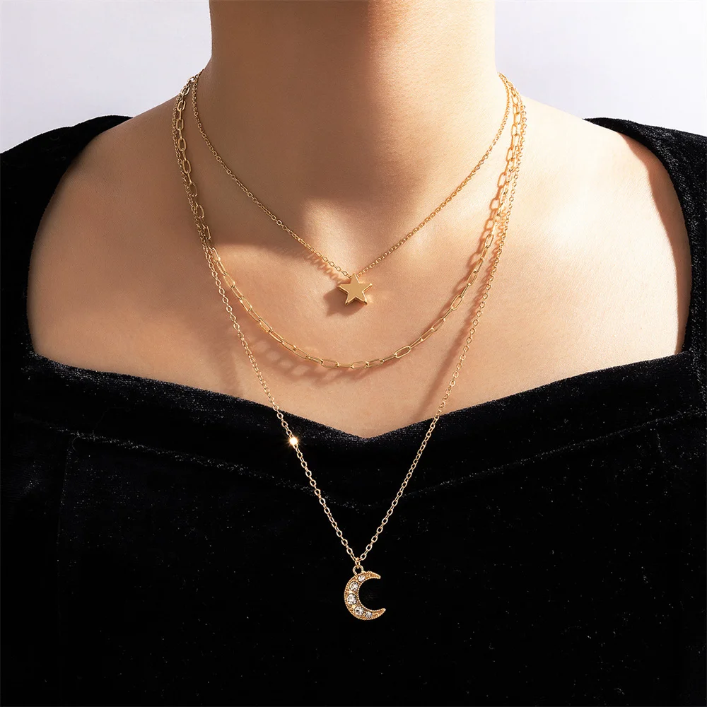Fashion Punk Gold Color Multilayer Chain Crystal Star Moon Pendant ...