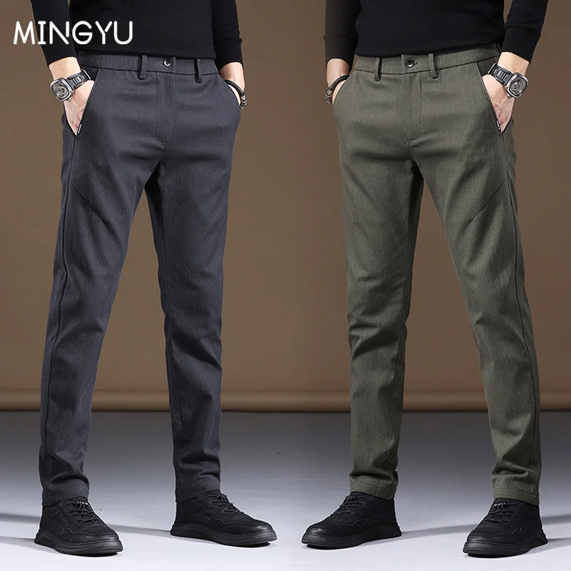 Autumn-Winter-Pants-Men-Stretch-Slim-Fit-Elastic-Waist-Business-Classic ...