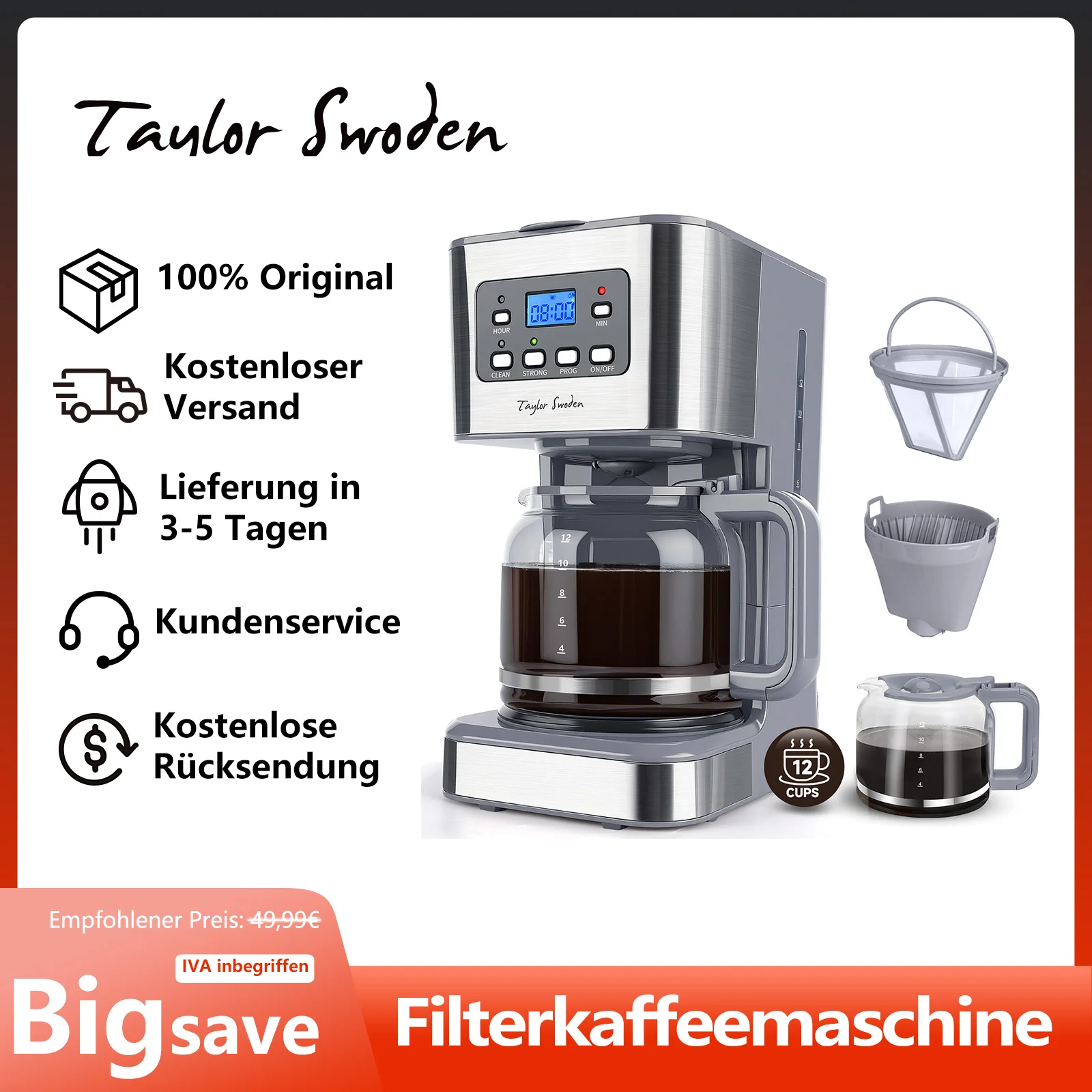 TAYLOR SWODEN 950W Kaffeemaschine mit Timer,1.5L Filterkaffeemaschine ...