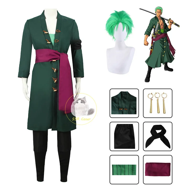 Anime-Roronoa-Zoro-Cosplay-Costume-Uniform-Green-Coat-Belt-Pants-Head ...