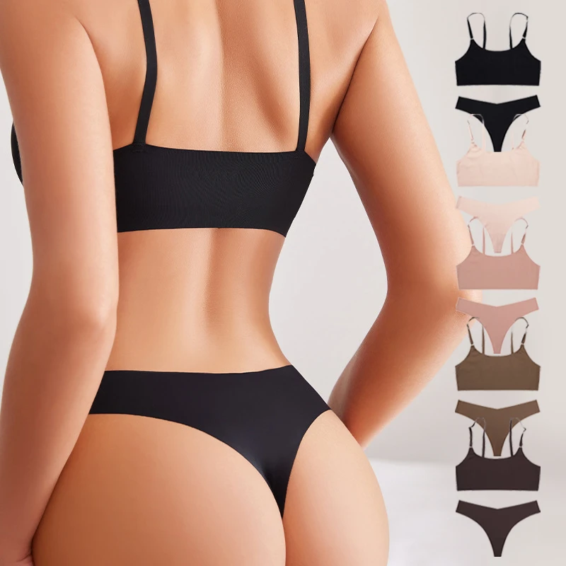 lingerie for women Seamless Bra Set Sexy Thong Low Waist Panties Wire Free Bra Female Underwear ...