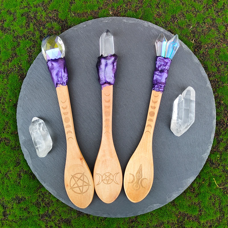 Witch Altar Tool Goddness Triple Moon Pentgram Crystal Wood Spoon ...