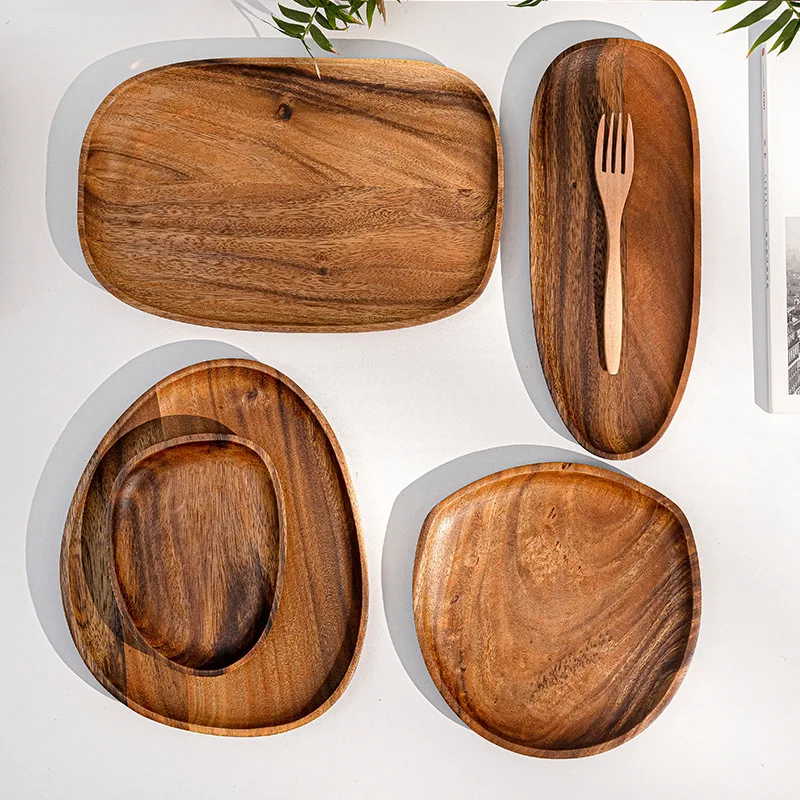 Solid-Wood-Dinner-Plates-Irregular-Oval-Serving-Tray-Fruit-Dishes-Dry ...