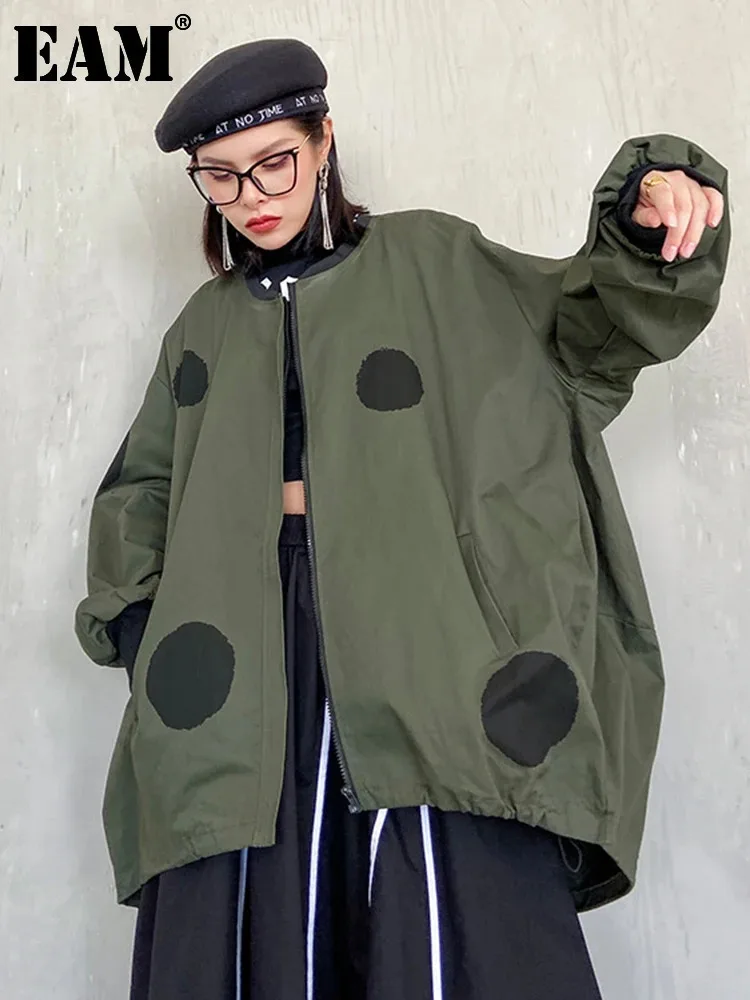EAM-Army-Green-Dot-Big-Size-Irregular-Jacket-New-Stand-Collar-Long ...