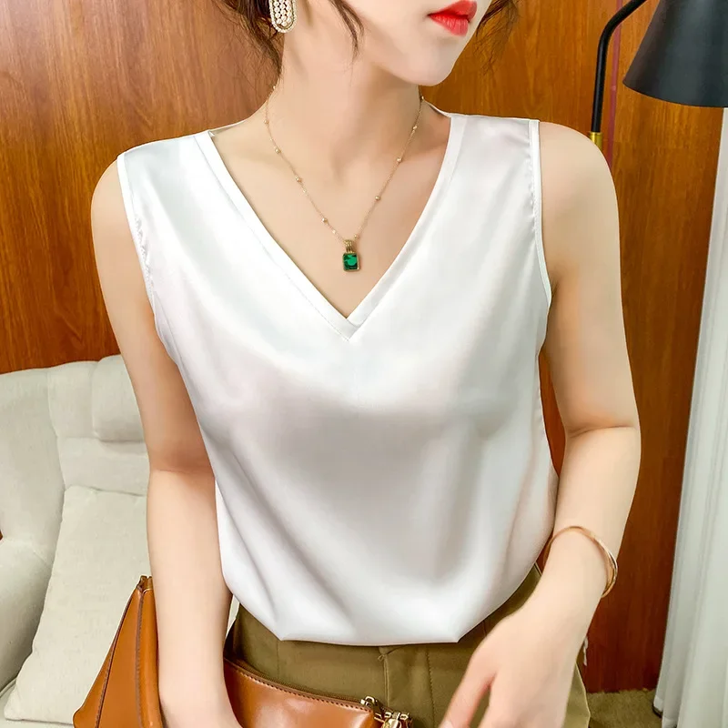 Elegant Temperament Silk Vests Silk Camisole Polyester Silk Sleeveless ...