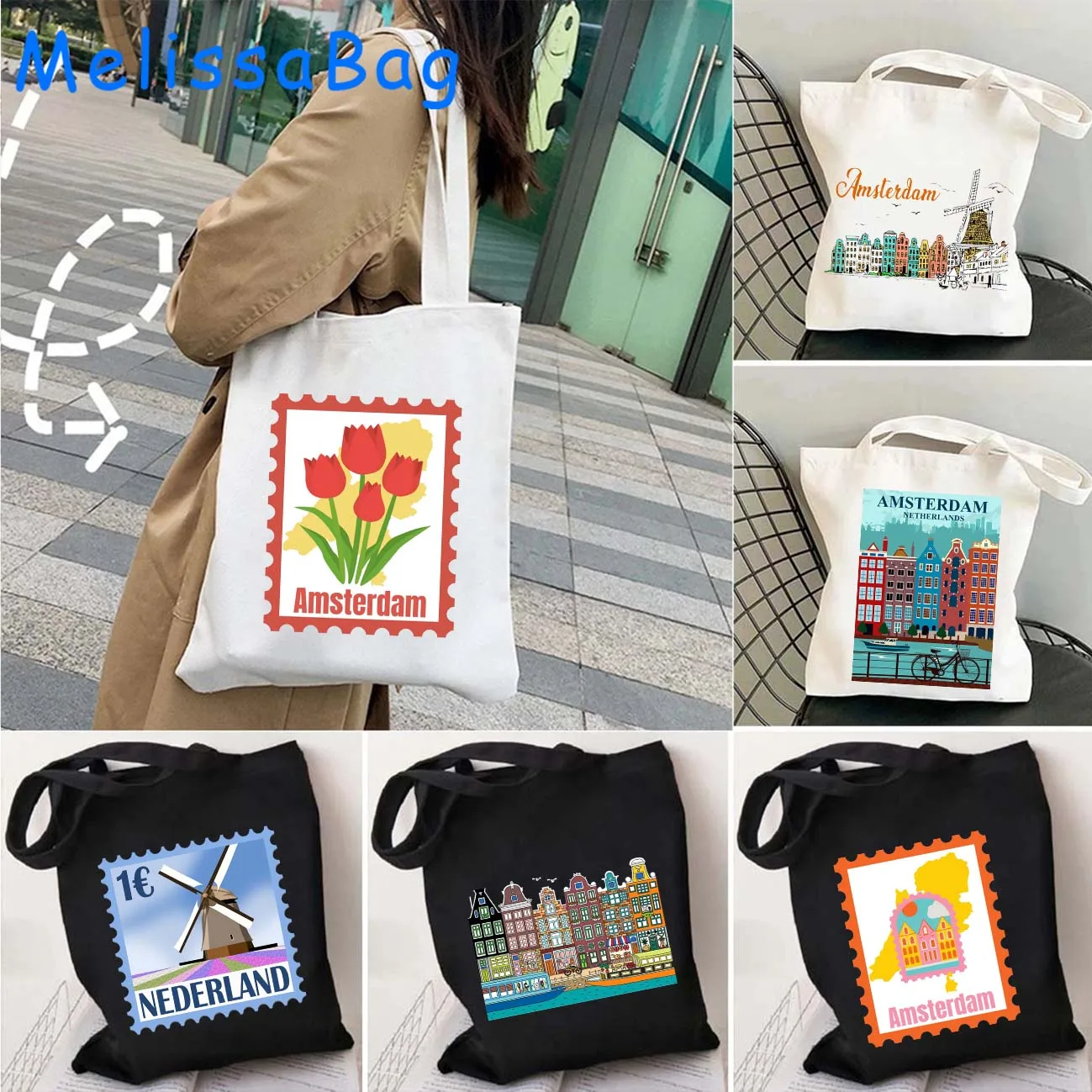 Amsterdam Canal Houses Skyline Landmark Netherlands Canvas Tote Bag ...