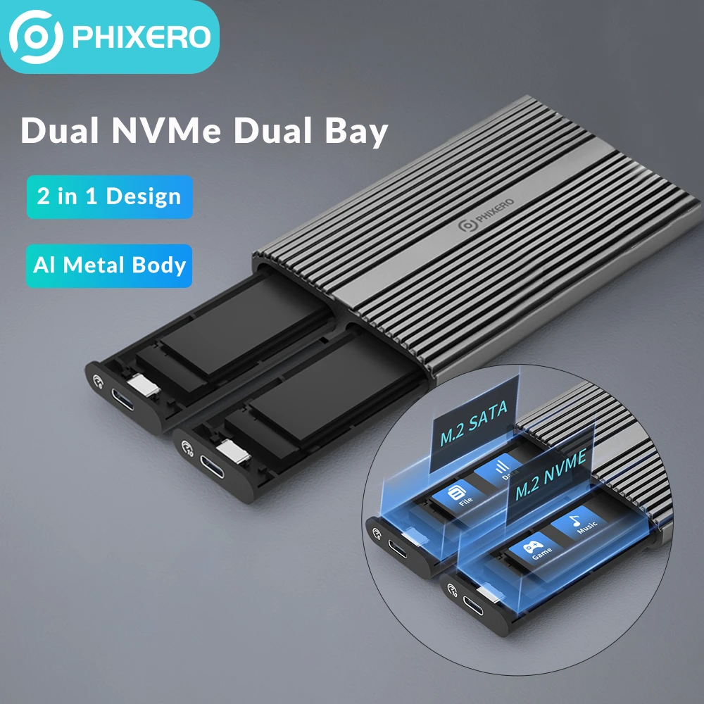 Phixero M.2 Nvme Ssd Enclosure Sata External Hd Case M2 Usb 3.1 Type C ...