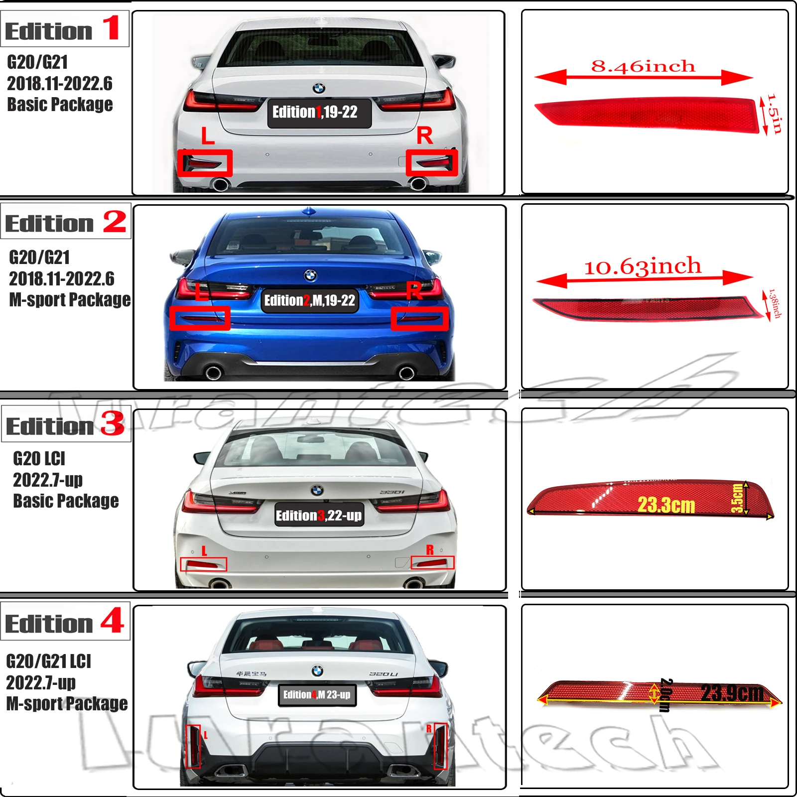Rear Reflector for 19-26 BMW 3 series G20 Sedan G21 Wagon Fit 316d 318d ...