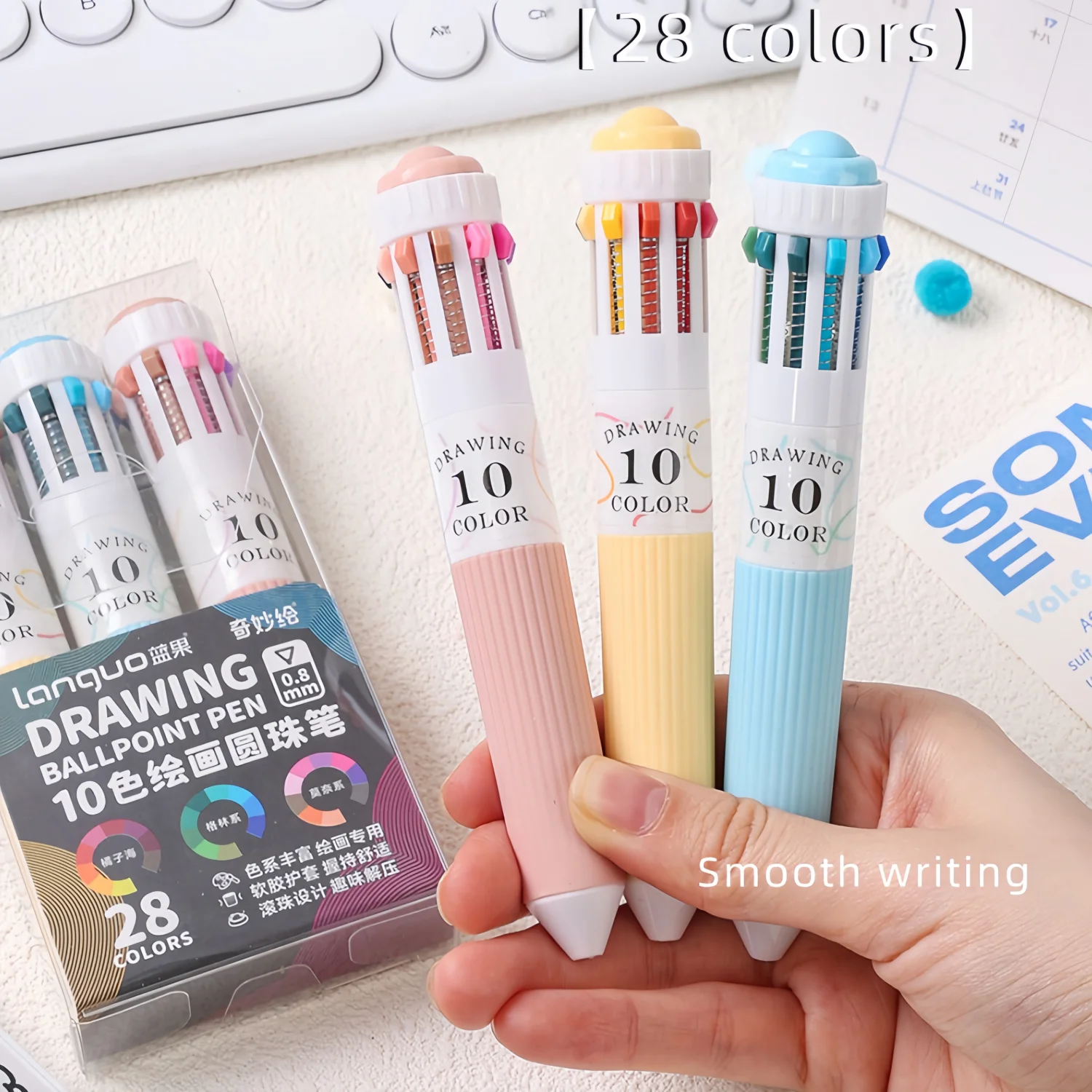 28 Colors Multicolor Ballpoint Pen Set 0.8mm, 10-in-1 Colored Pens Fine ...