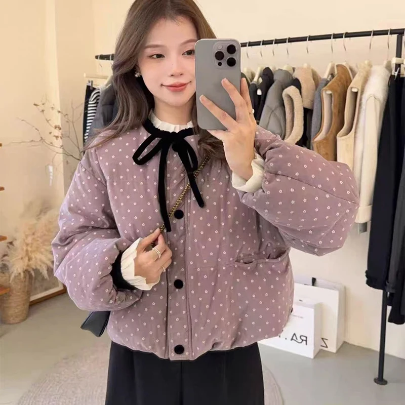 MEXZT Corduroy Floral Parkas Women Cutecore Bow Puffer Jacket Harajuku ...